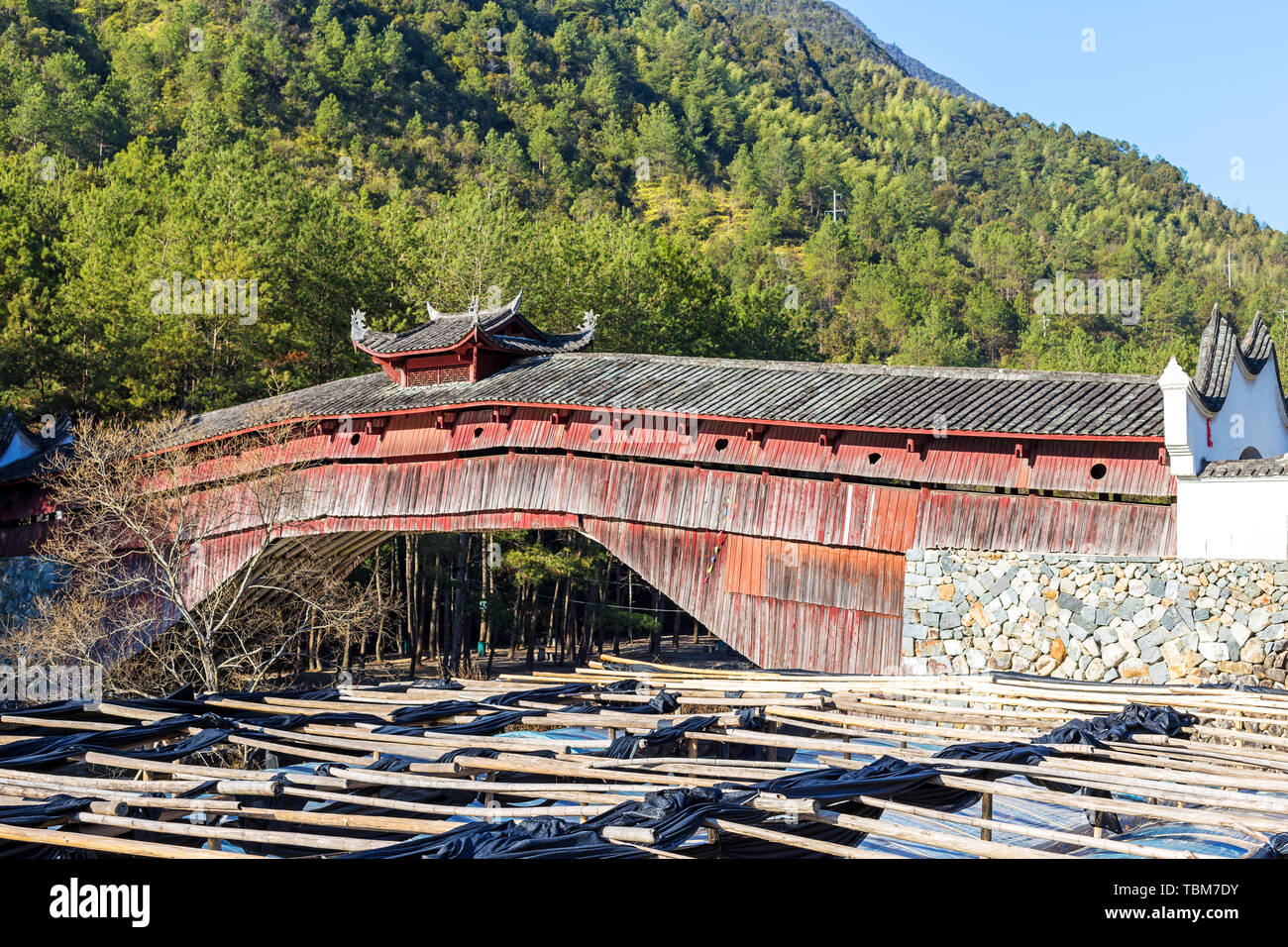 Oriental pavilion bridge of China, village Stock Photo - Alamy