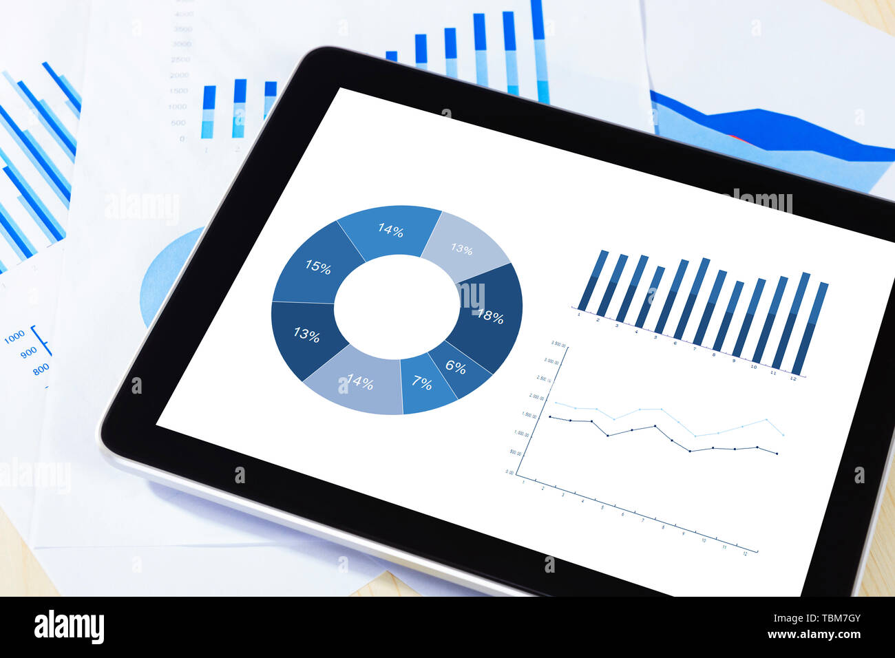digital tablet, graph,chart on work table Stock Photo - Alamy