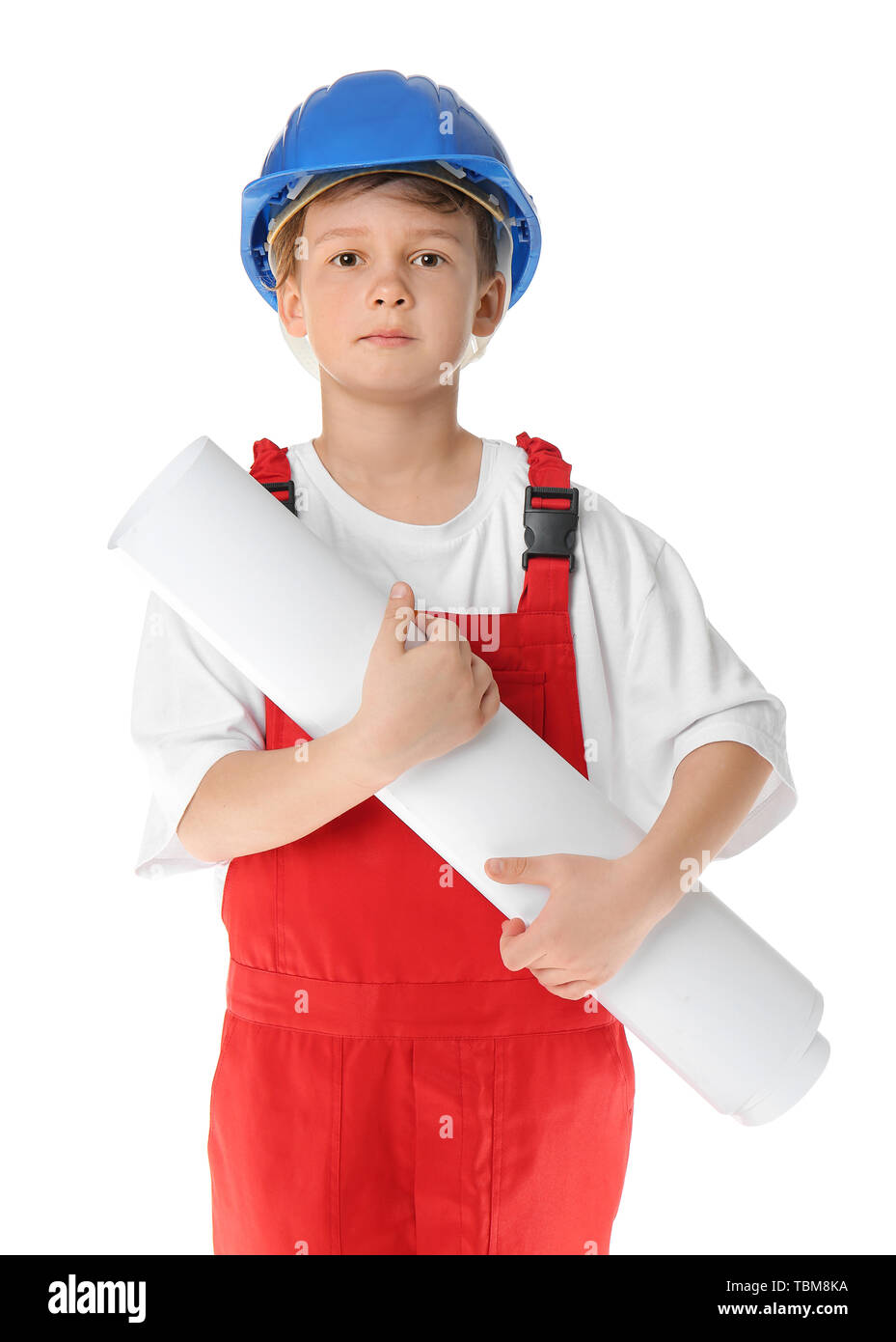 Portrait of little engineer on white background Stock Photo - Alamy