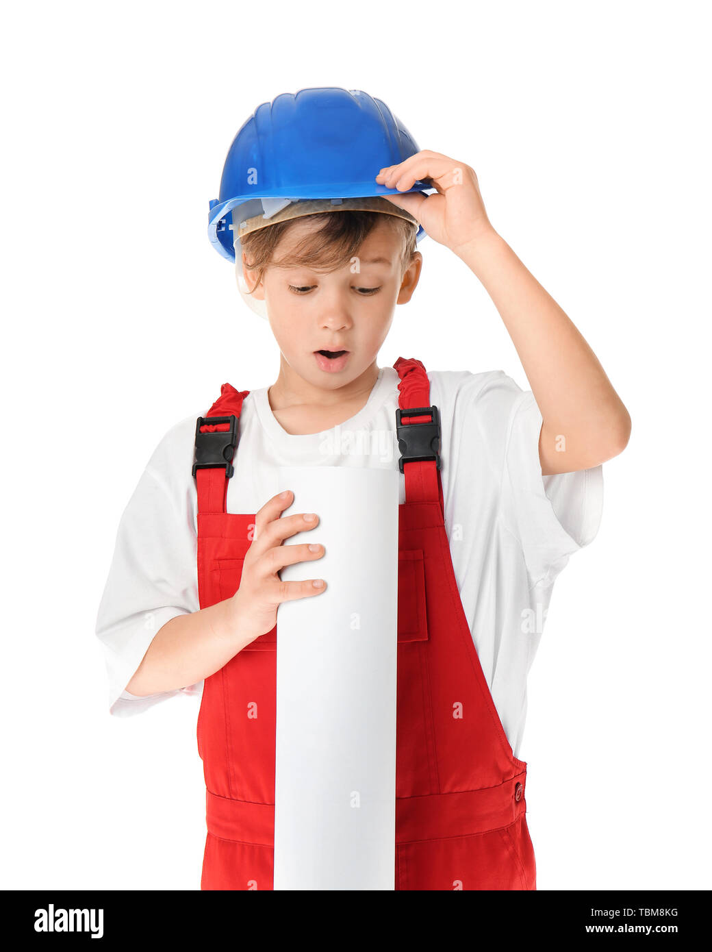 Portrait of little engineer on white background Stock Photo - Alamy