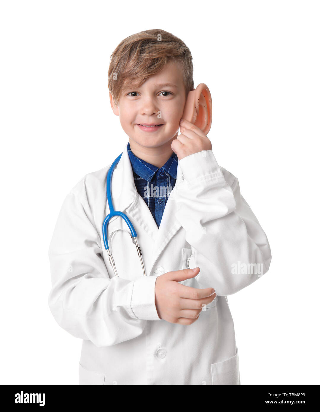 Portrait of little doctor with ear model on white background Stock ...