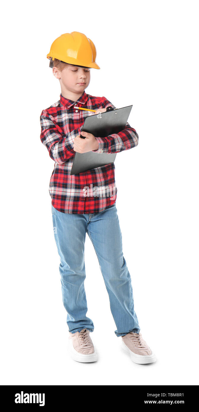 Portrait of little worker on white background Stock Photo - Alamy