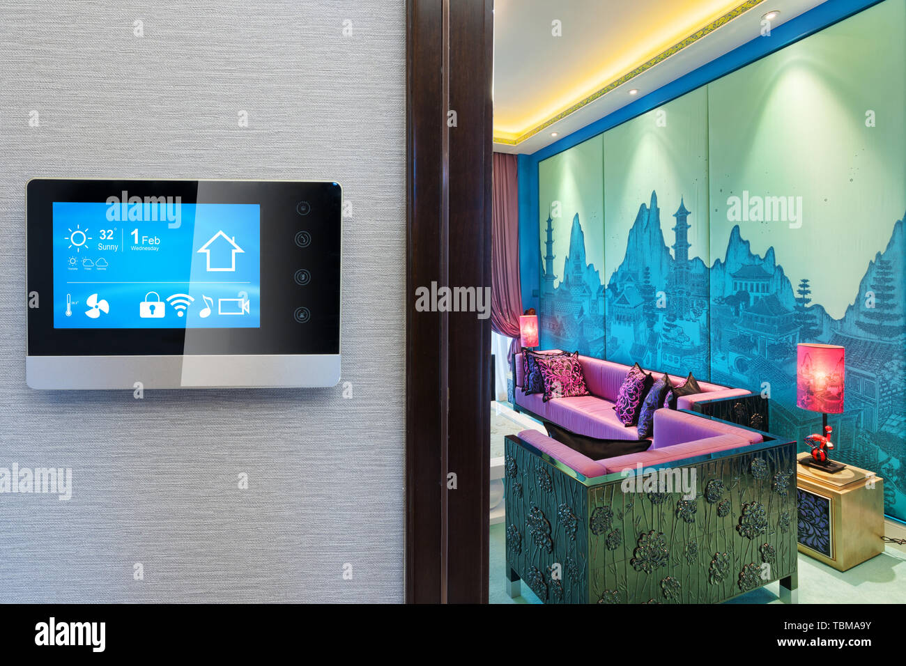 smart screen with smart home and modern living room Stock Photo - Alamy