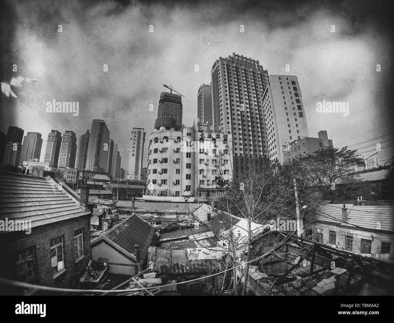 High rise building tourist streets and bridges Black and White Stock ...