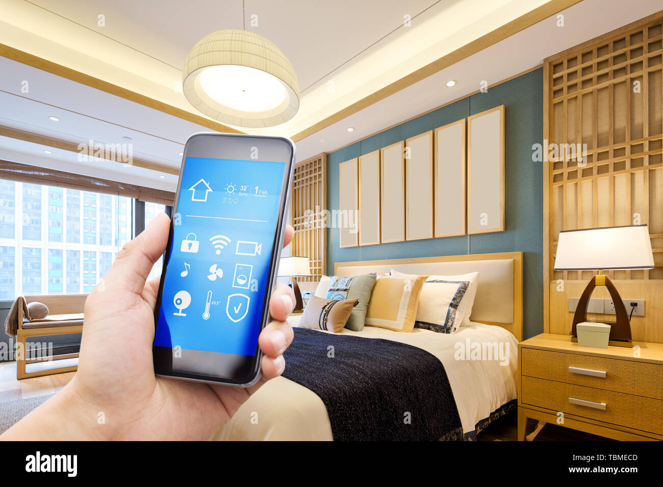 smart phone with smart home with modern bedroom Stock Photo - Alamy