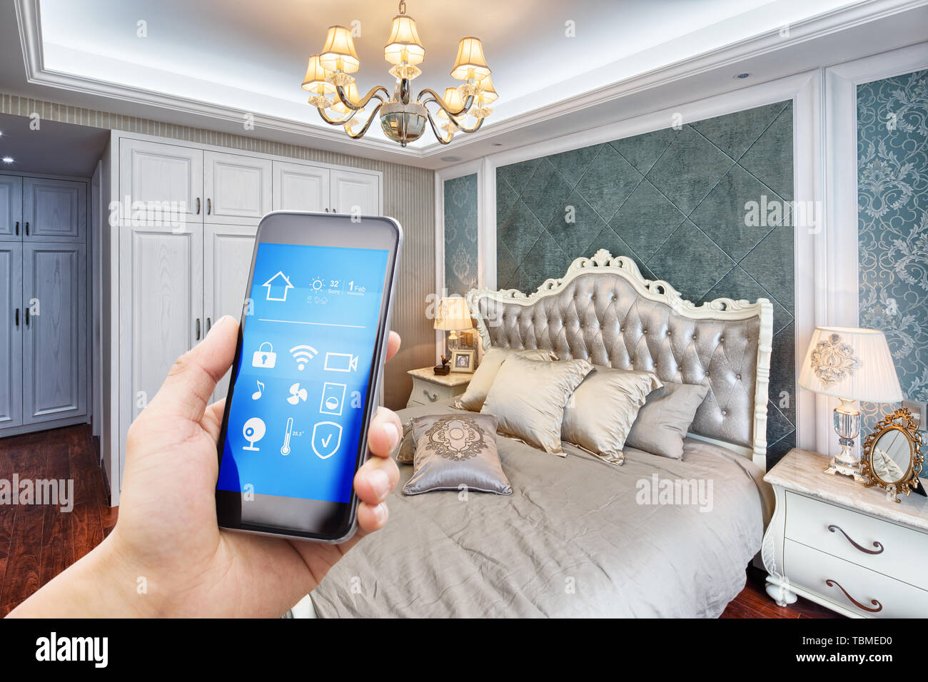 smart phone with smart home with modern bedroom Stock Photo - Alamy