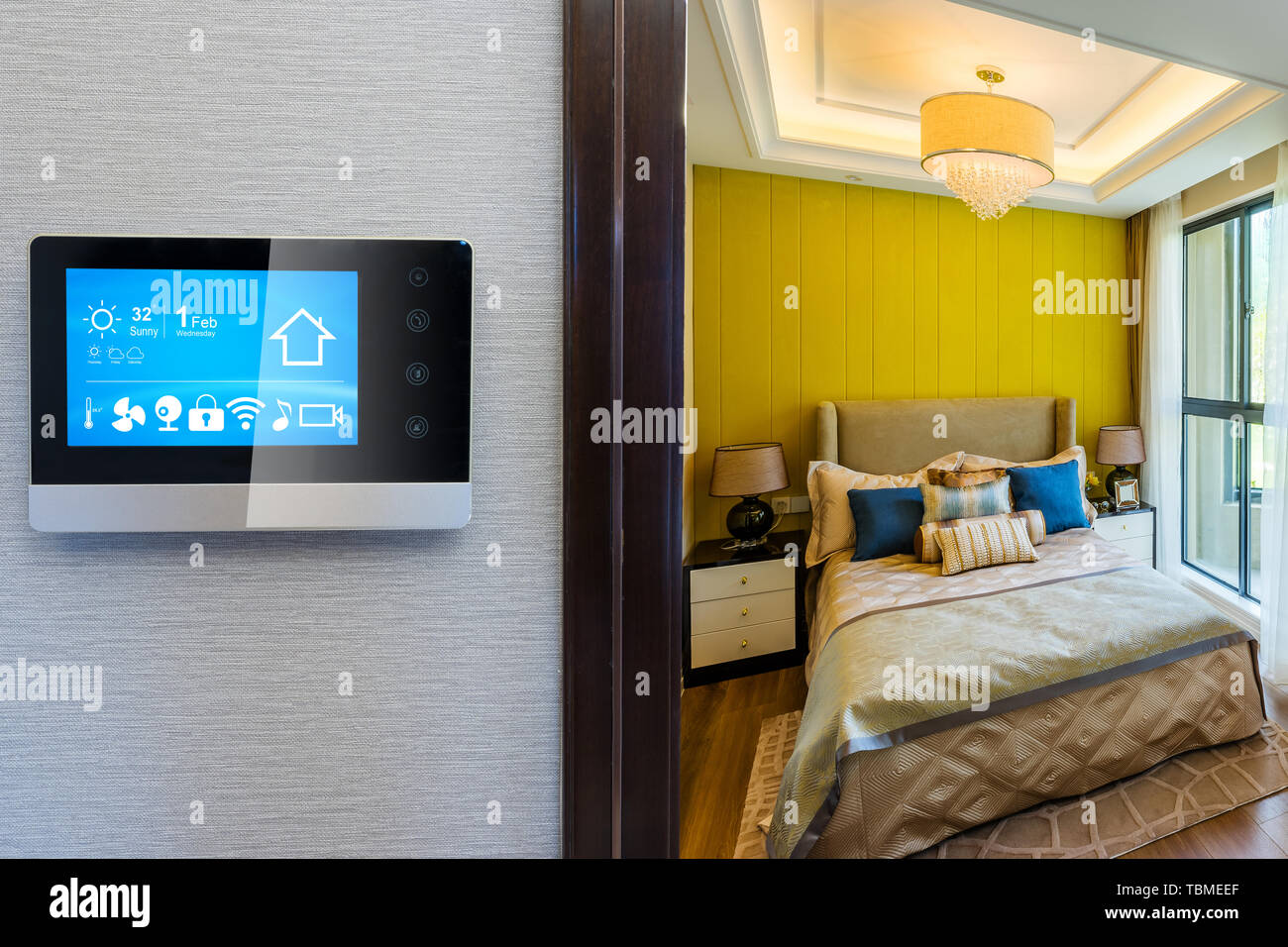 smart screen with smart home with modern bedroom Stock Photo - Alamy