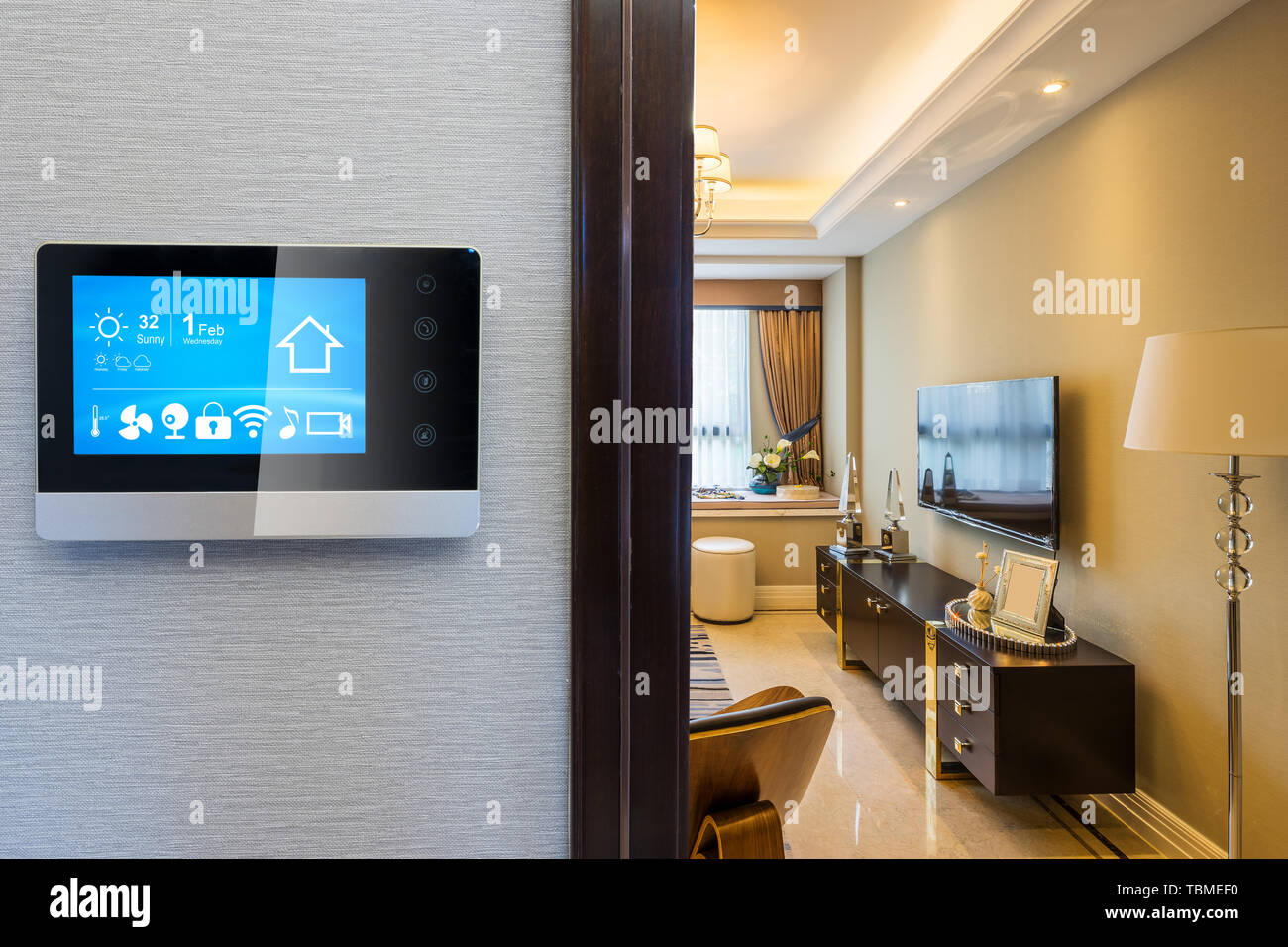 smart screen with smart home with modern living room Stock Photo - Alamy