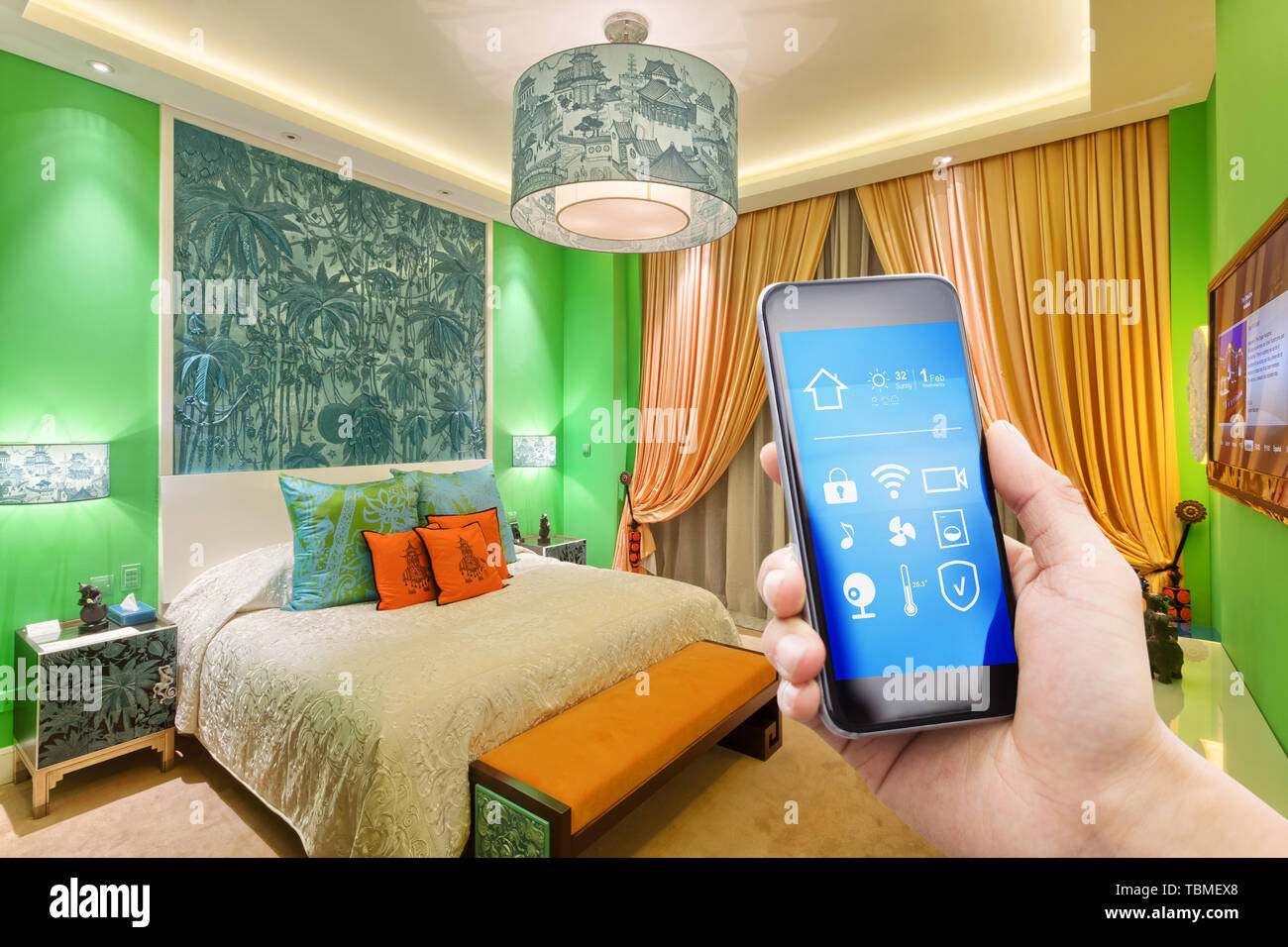smart phone with smart home with modern bedroom Stock Photo - Alamy