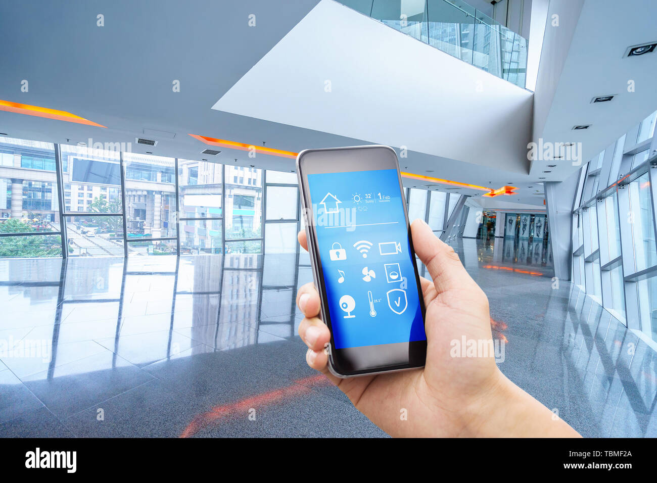 smart phone with smart home with modern corridor Stock Photo - Alamy