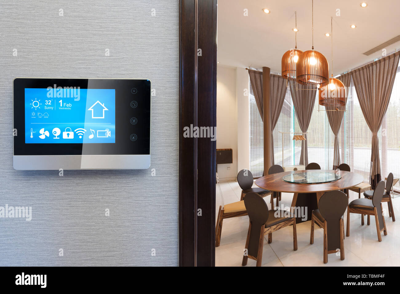smart screen with smart home and modern dining room Stock Photo - Alamy