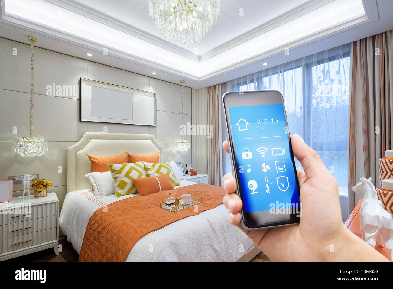 smart phone with smart home with modern bedroom Stock Photo - Alamy