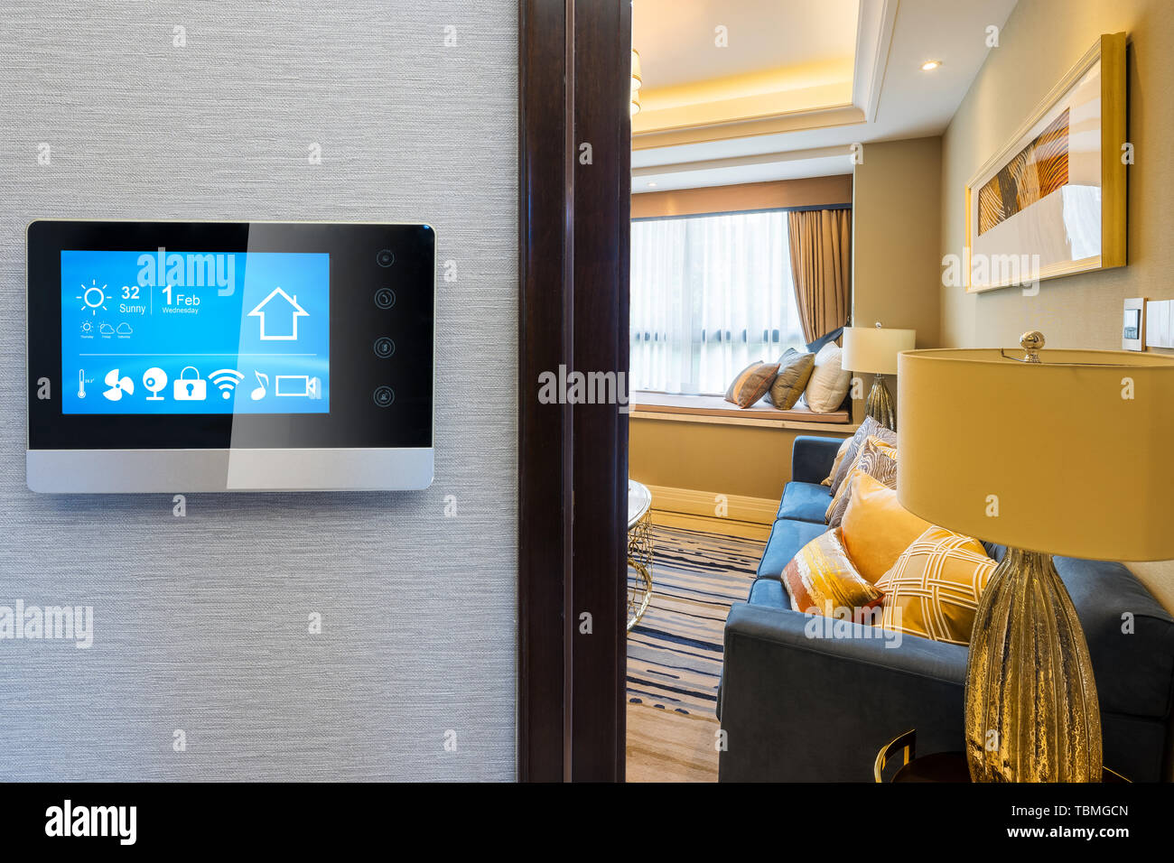 smart screen with smart home with modern living room Stock Photo - Alamy