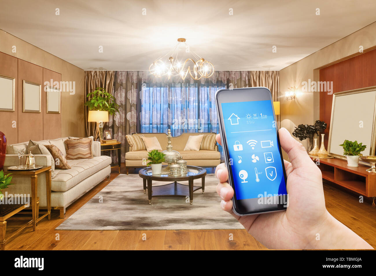 smart phone with smart home with modern living room Stock Photo - Alamy