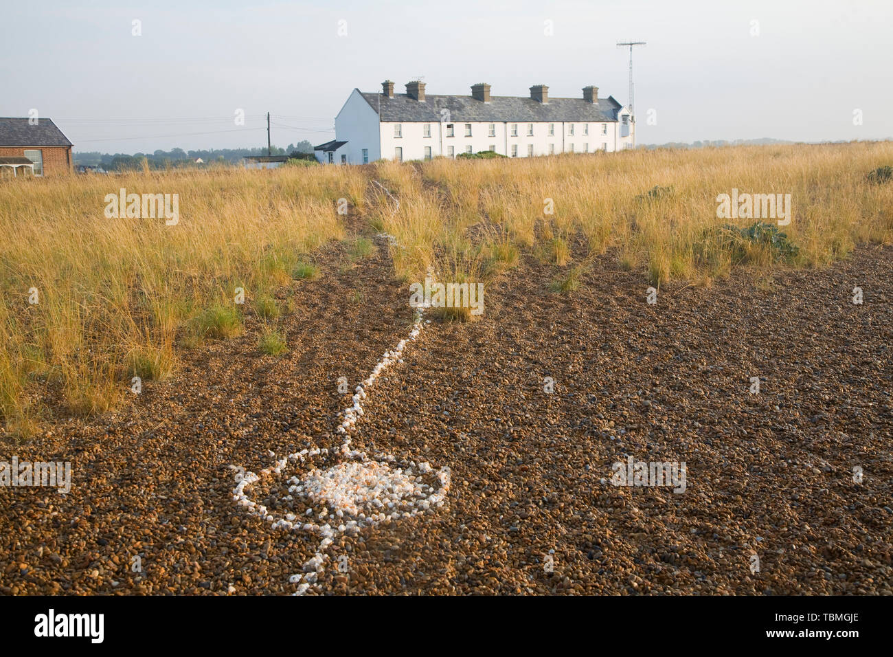 Line of white shells crossing beach to houses at the coastal hamlet of ...