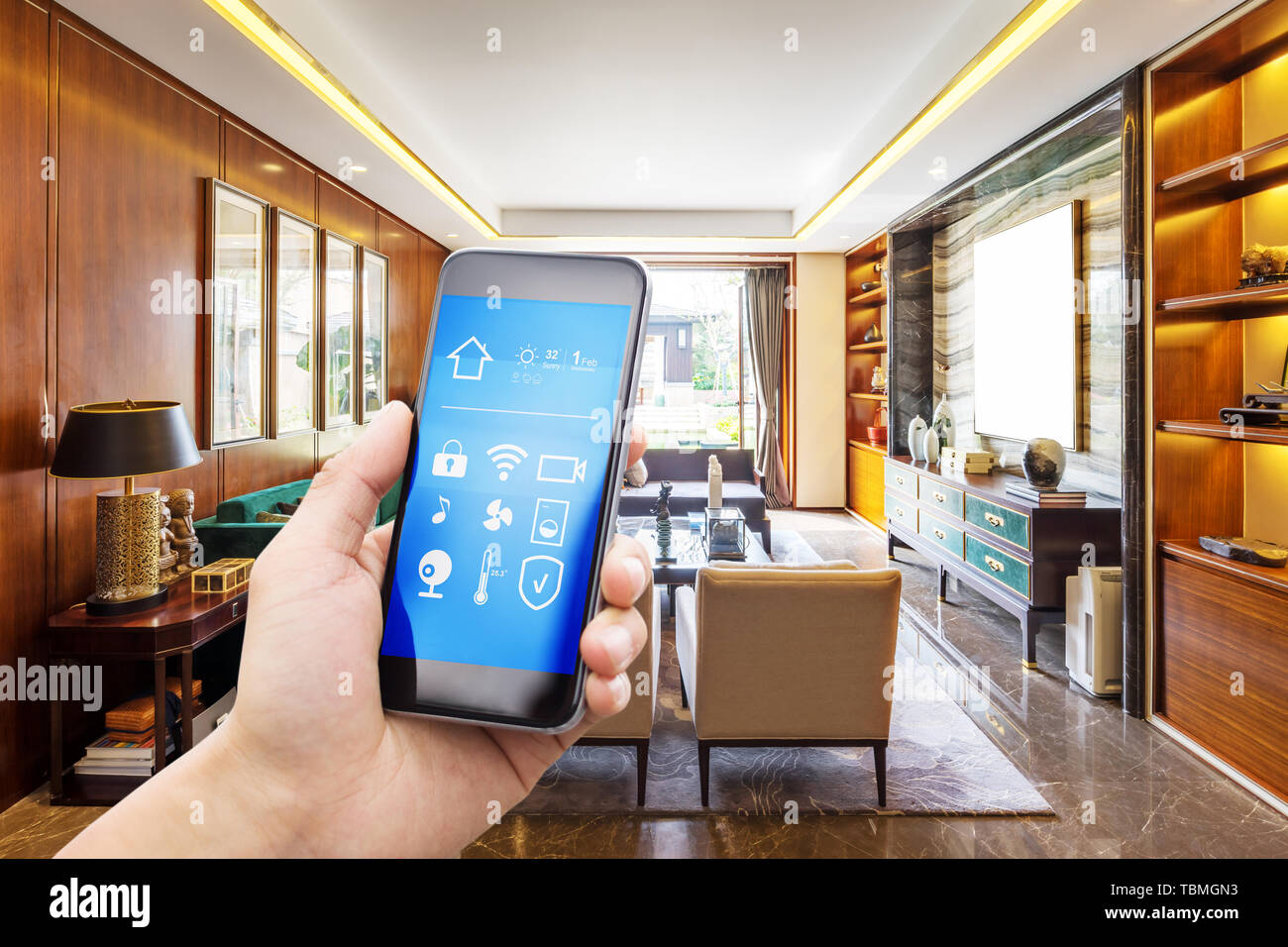 smart phone with smart home and modern living room Stock Photo - Alamy
