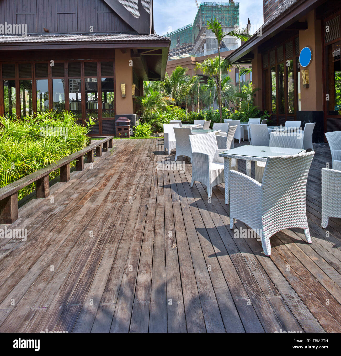 View of empty outdoor cafe Stock Photo - Alamy