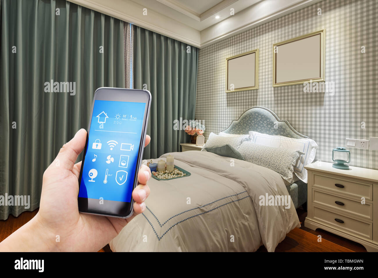 smart phone with smart home and modern bedroom Stock Photo - Alamy