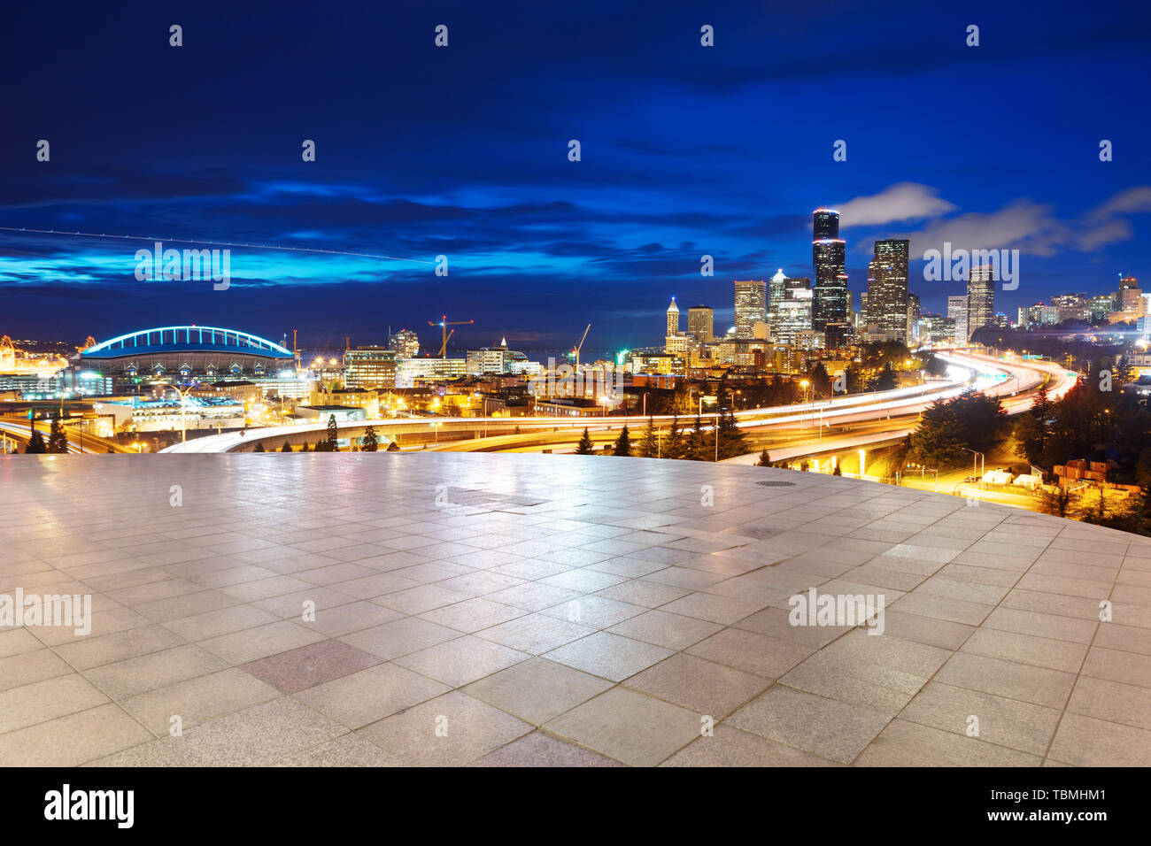 empty marble floor with cityscape and skyline of seattle Stock Photo ...