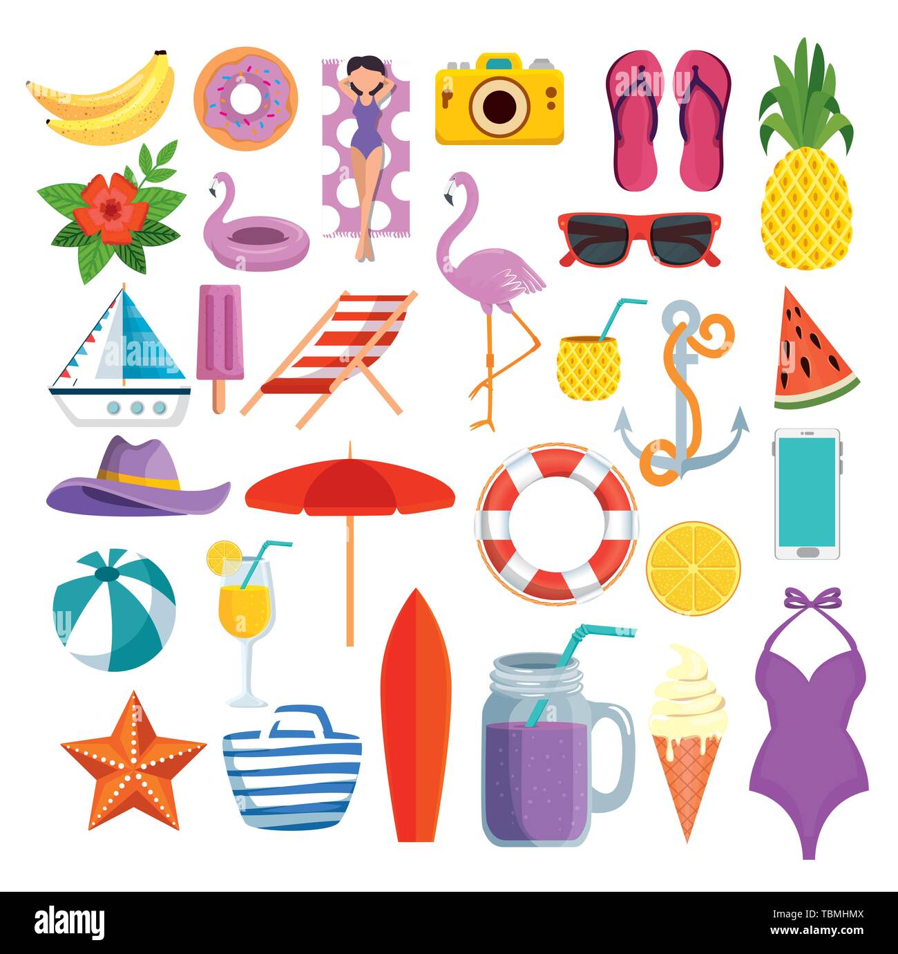 set of summer time with tropical fruits and exotic vacation Stock ...