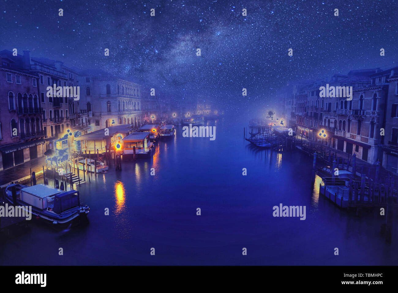 A charming night view of the ancient city of Venice, Italy, quiet and ...