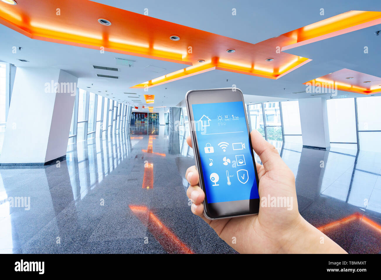 smart phone with smart home with modern corridor Stock Photo - Alamy