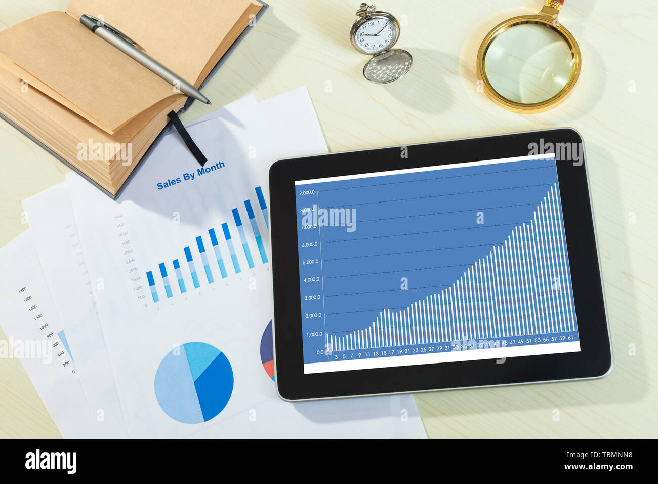 digital tablet and smartphone with financial chart report, paper Stock ...