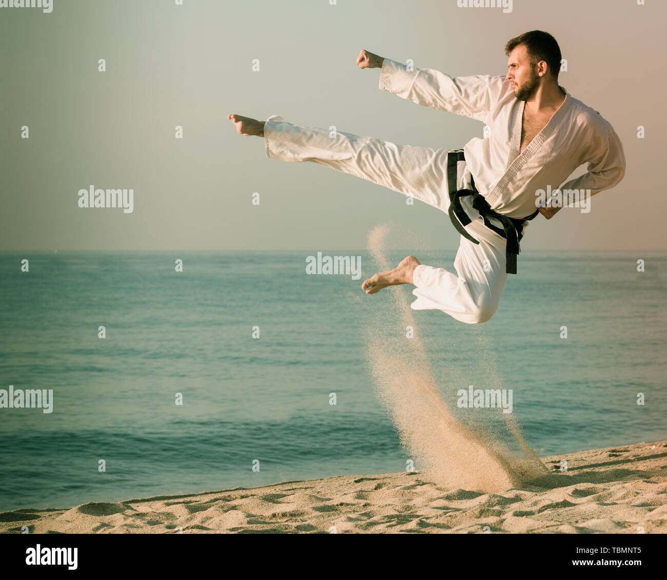 young man practicing karate positions at ocean quay in sunset Stock ...