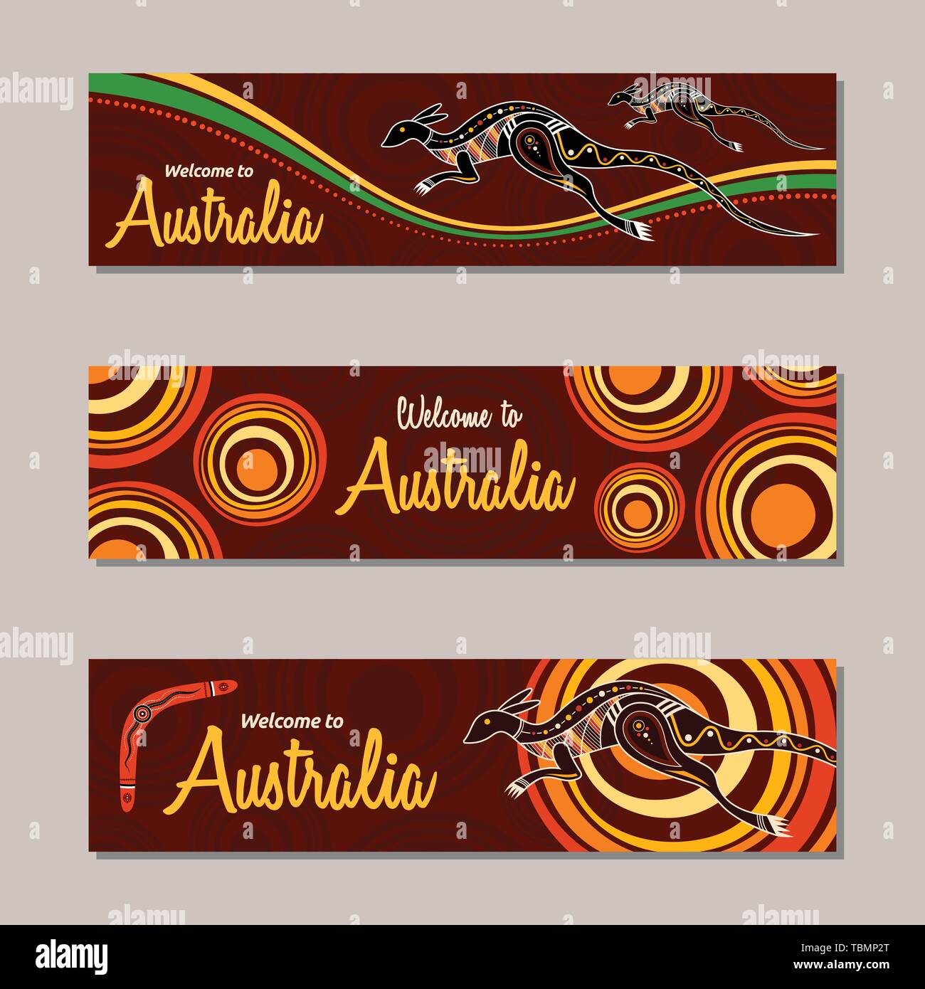 Horizontal banner templates in Australian aboriginal style. Kangaroo ...