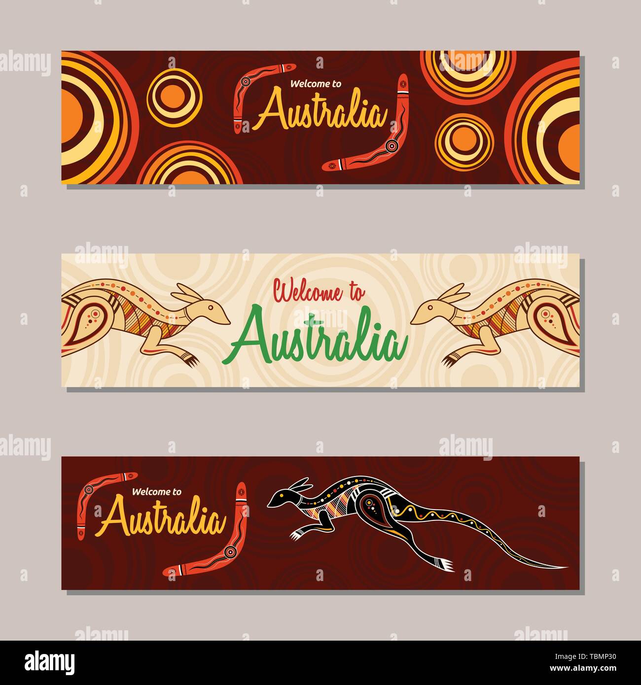Horizontal banner templates in Australian aboriginal style. Kangaroo ...