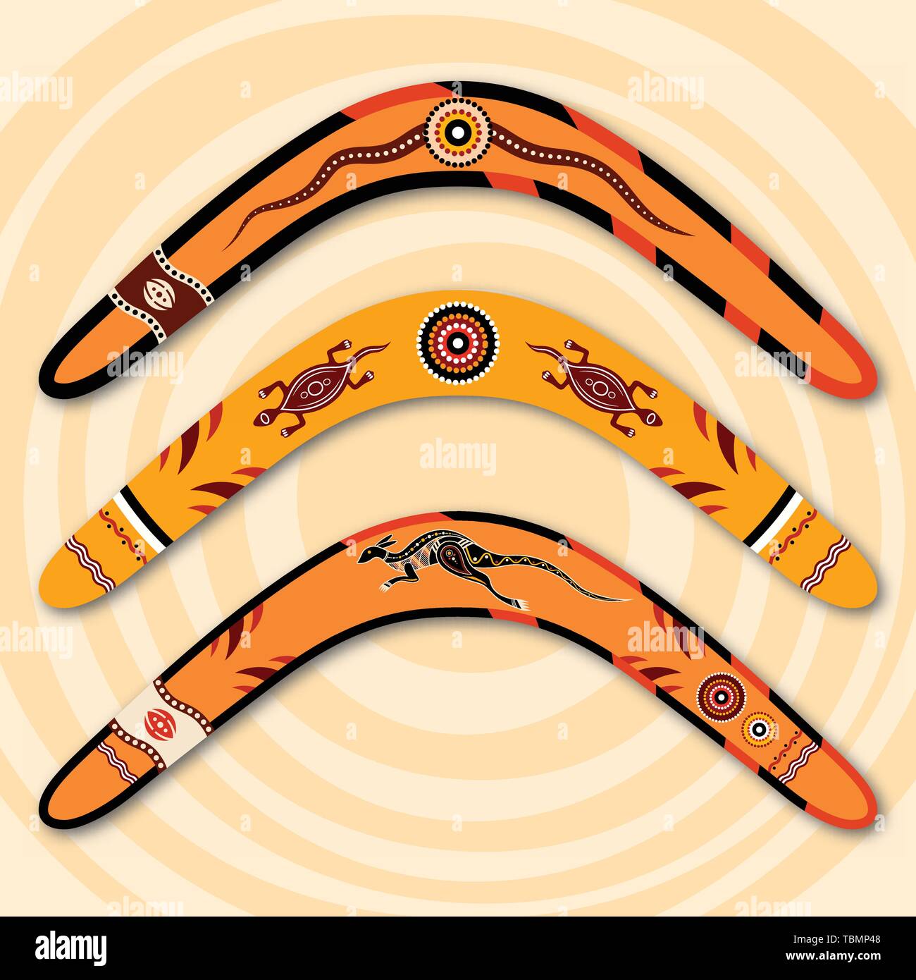 Boomerangs isolated on beige background with circles. Tribal style ...