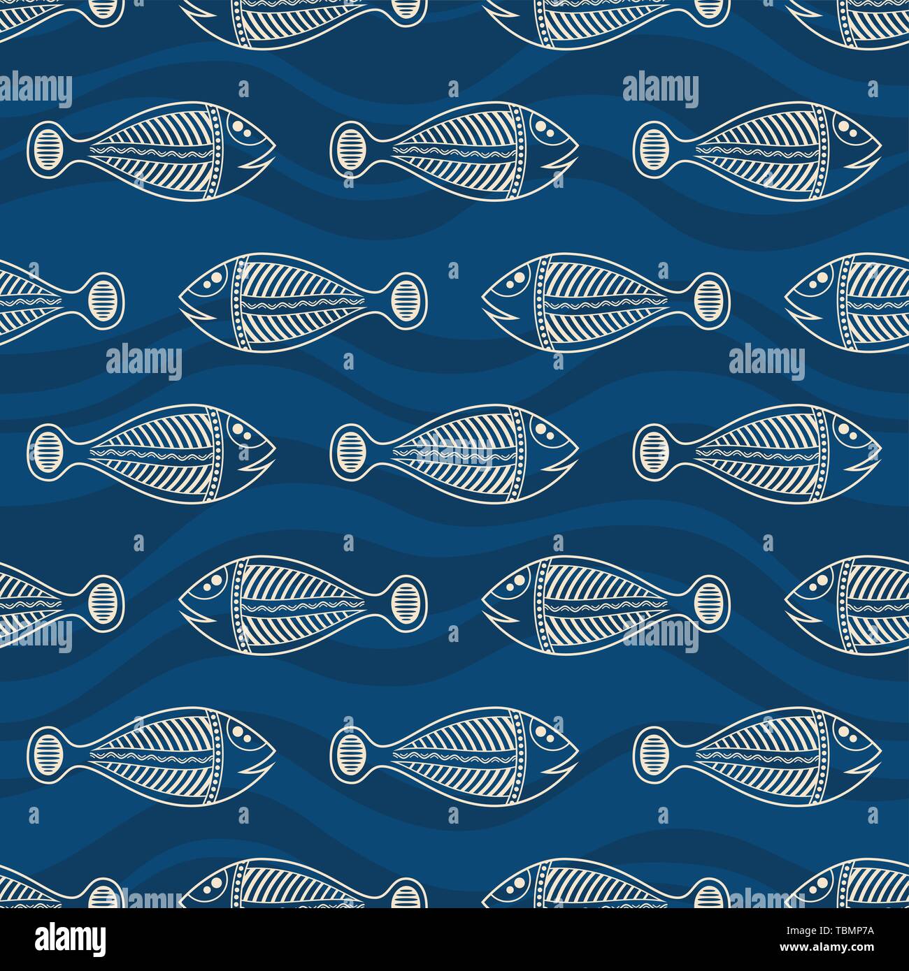 Seamless pattern of fishes silhouettes with abstract waves on ...