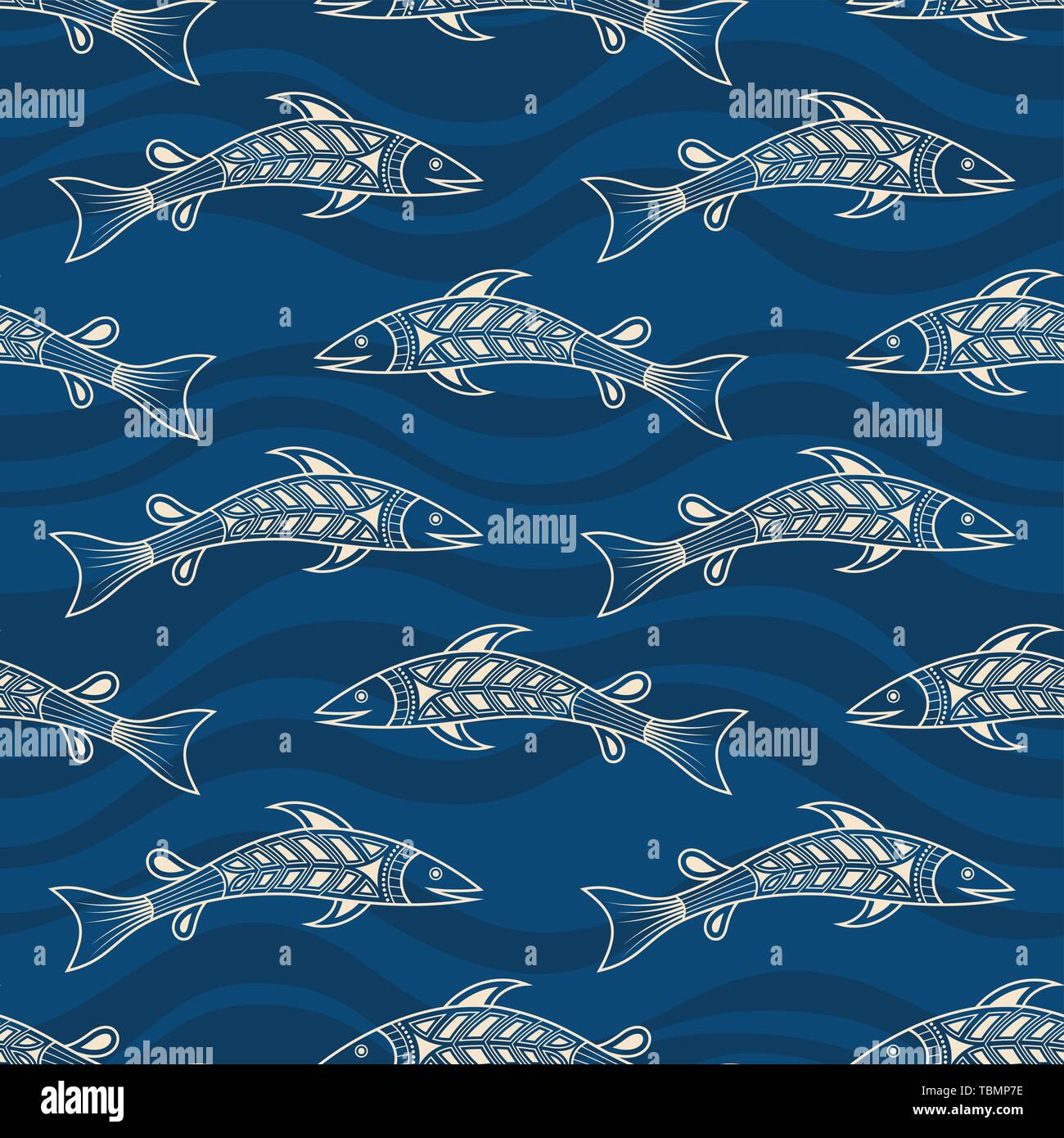 Seamless pattern of fishes silhouettes with abstract waves on ...