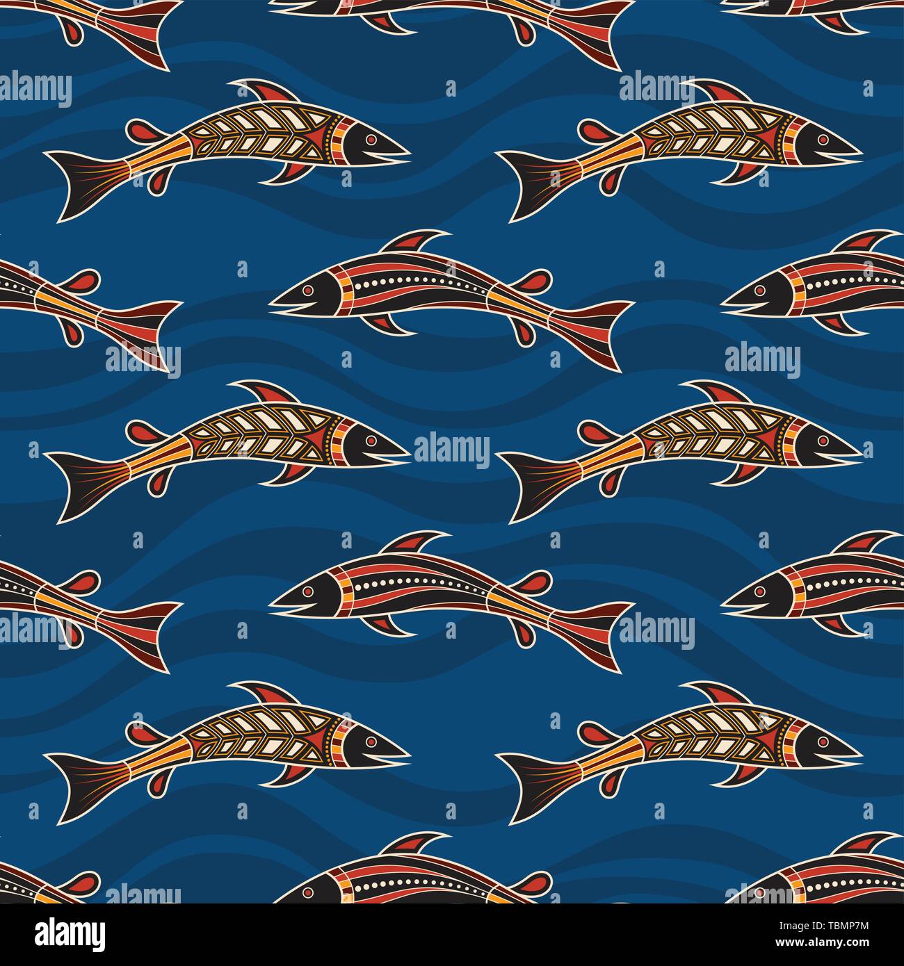 Seamless pattern of fishes with abstract waves on background ...