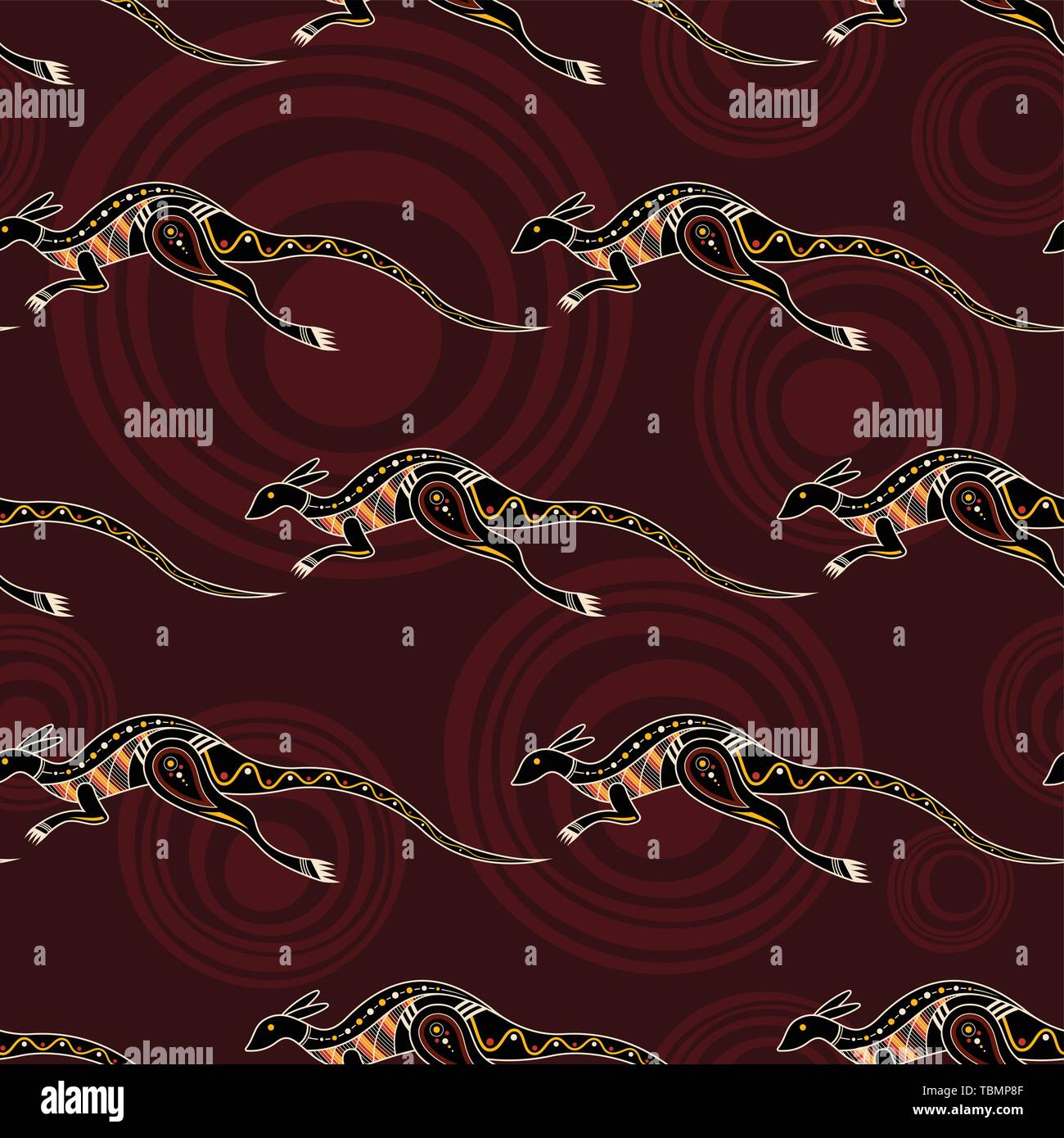 Seamless pattern of kangaroos with abstract circles on background. Australian art. Aboriginal ...