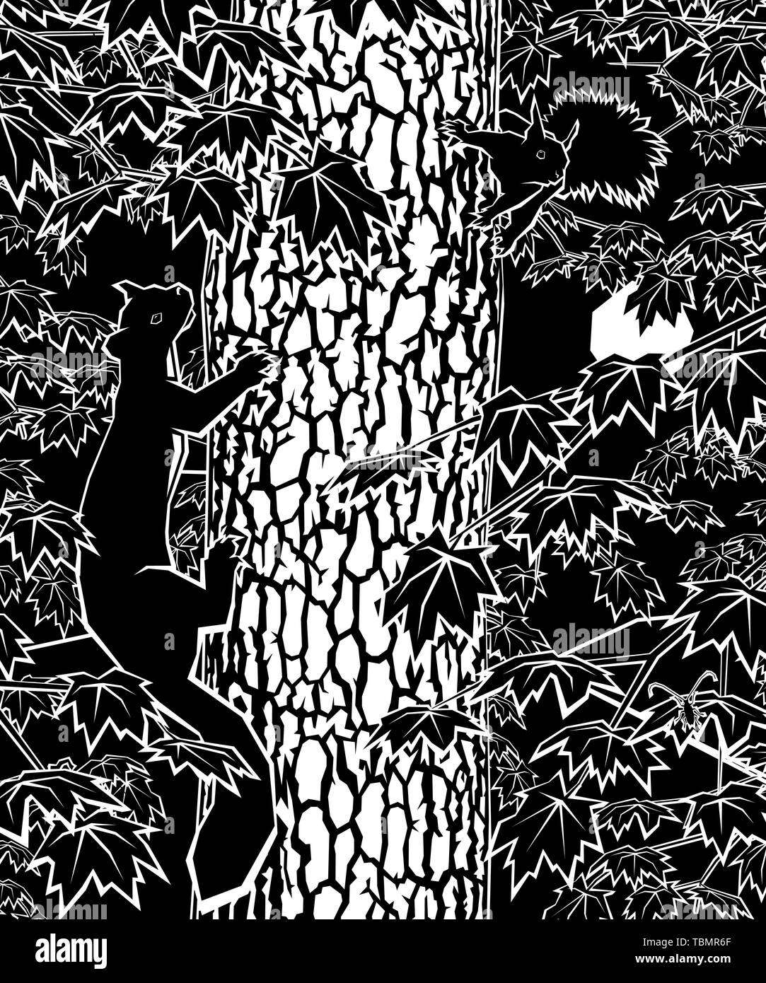 Illustration of a pine marten chasing a red squirrel around a tree ...