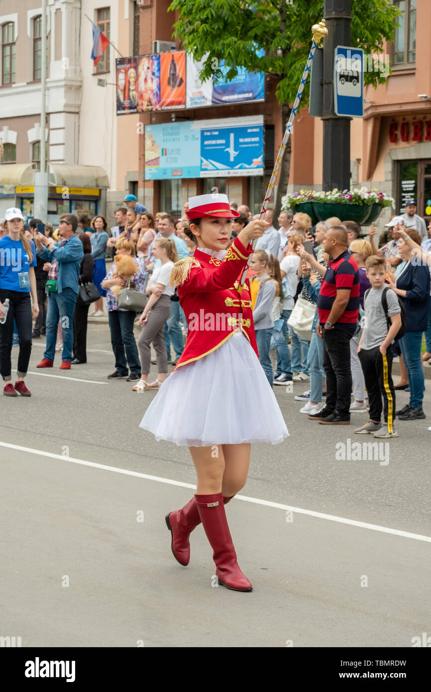 Military music bands marching through the empty streets of the city of ...