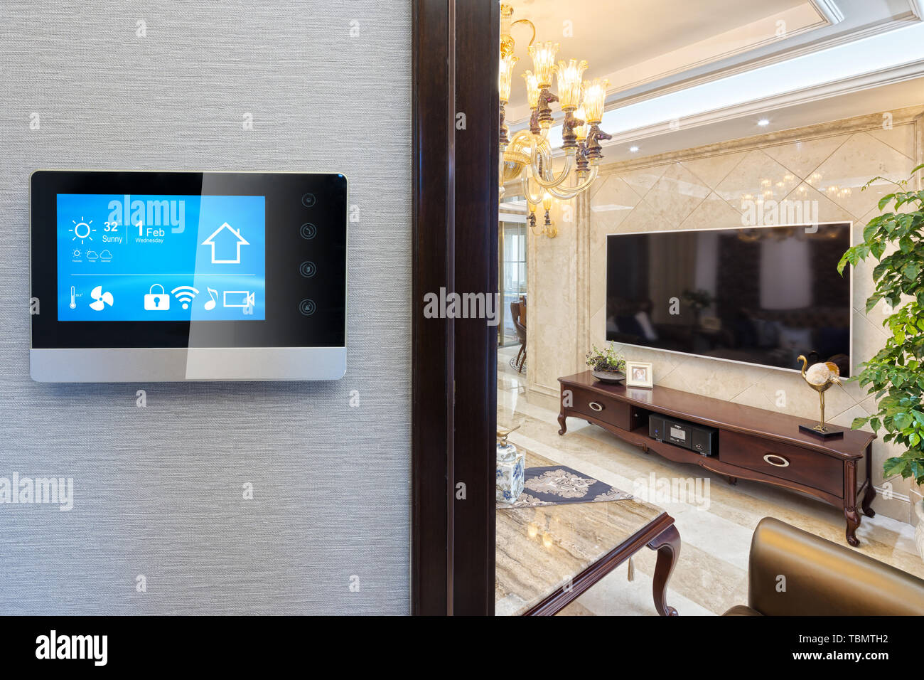 smart screen with smart home with modern living room Stock Photo - Alamy