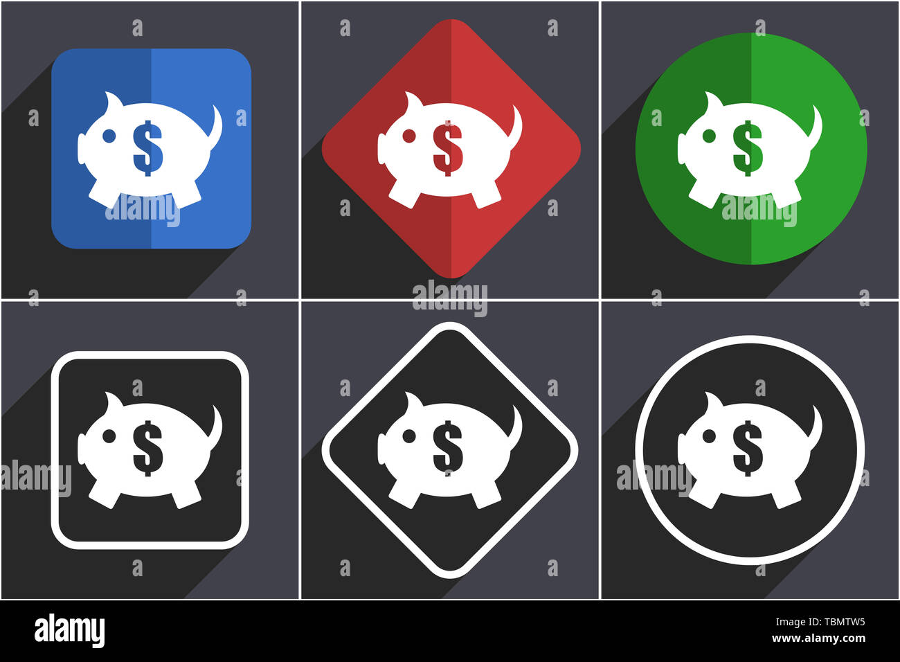 Piggy bank set of flat design web icons in 6 options Stock Photo - Alamy