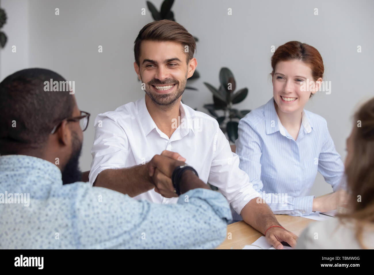 Happy smiling caucasian male manager shaking hand african-american ...