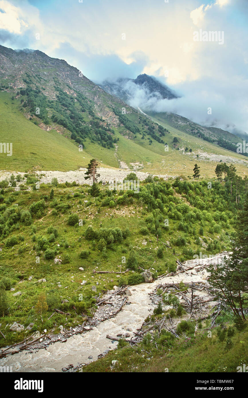 scenic alpine landscape with mountain and river. natural mountain ...