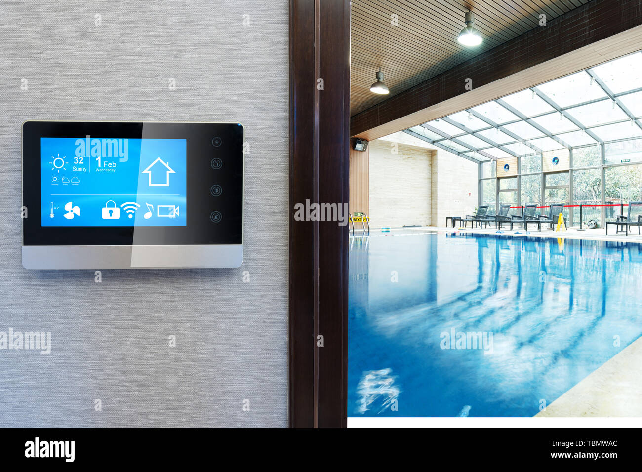 smart screen with smart home with modern swimming pool Stock Photo - Alamy