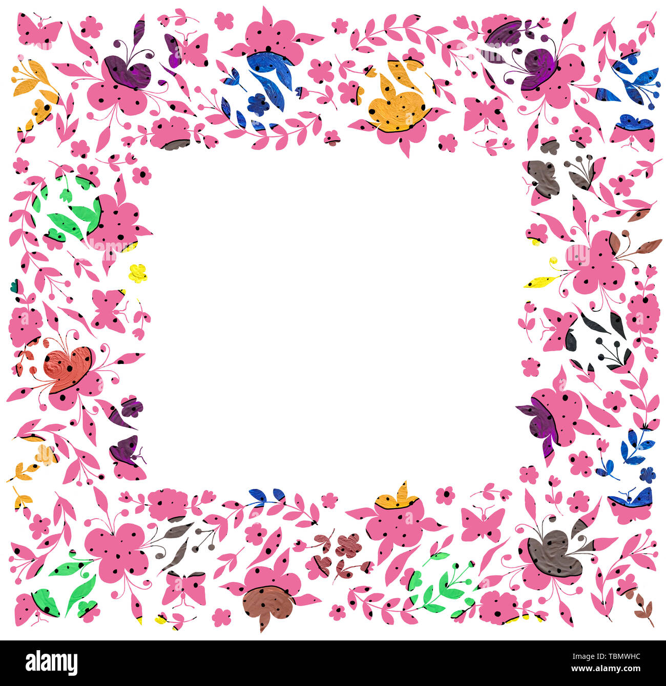 Pink flowers, square frame on white background. Hand painted Stock ...