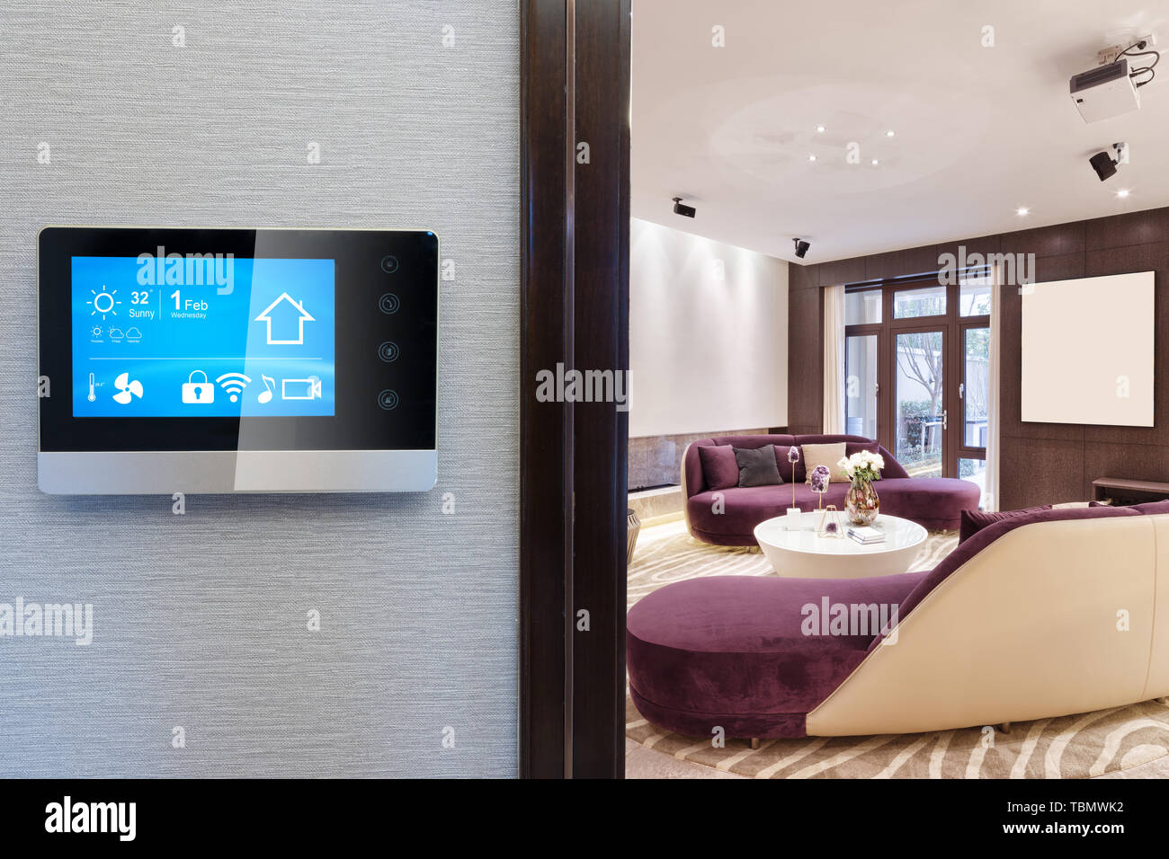 smart screen with smart home with modern staircase Stock Photo - Alamy