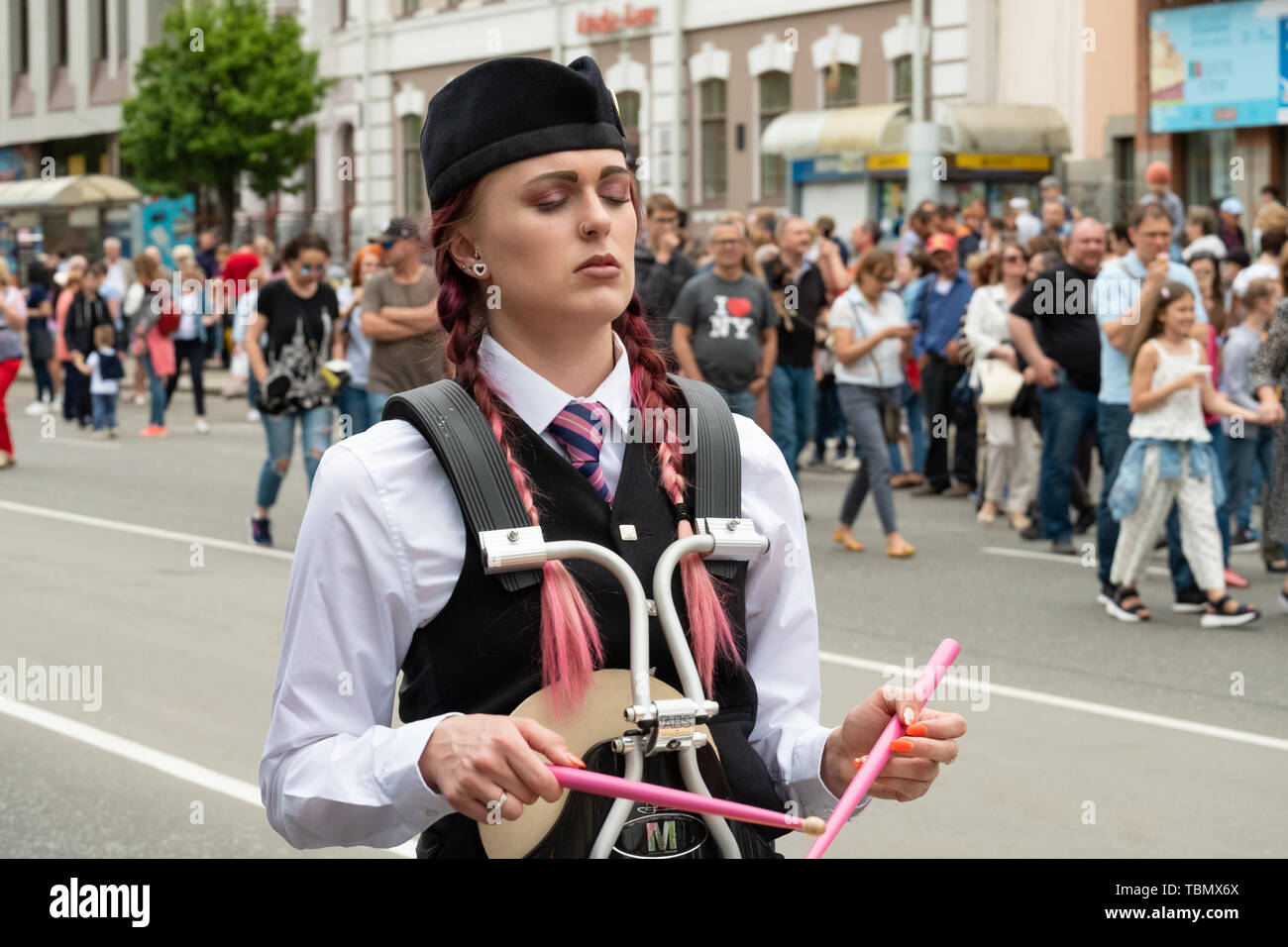 Military music bands marching through the empty streets of the city of ...