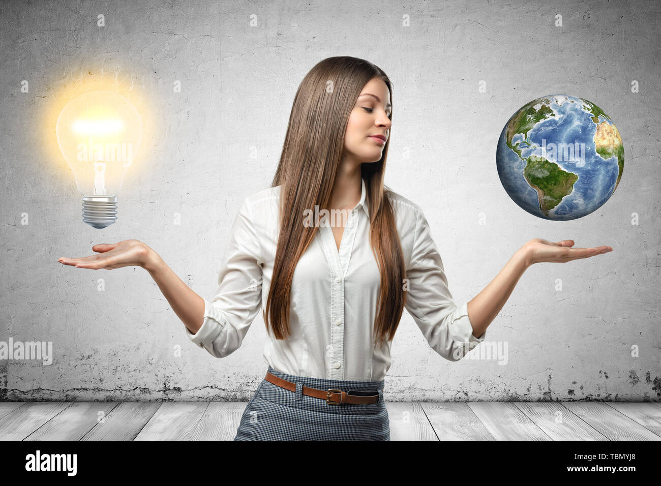 Crop image of young beautiful businesswoman, hands at sides, palms ...