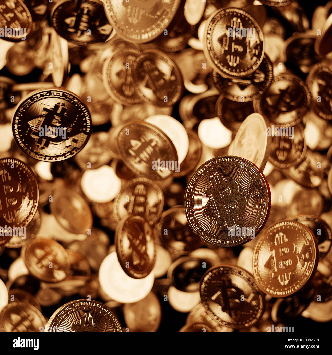 Bitcoin flying coins. Cryptocurrency abstract concept. 3d rendering ...