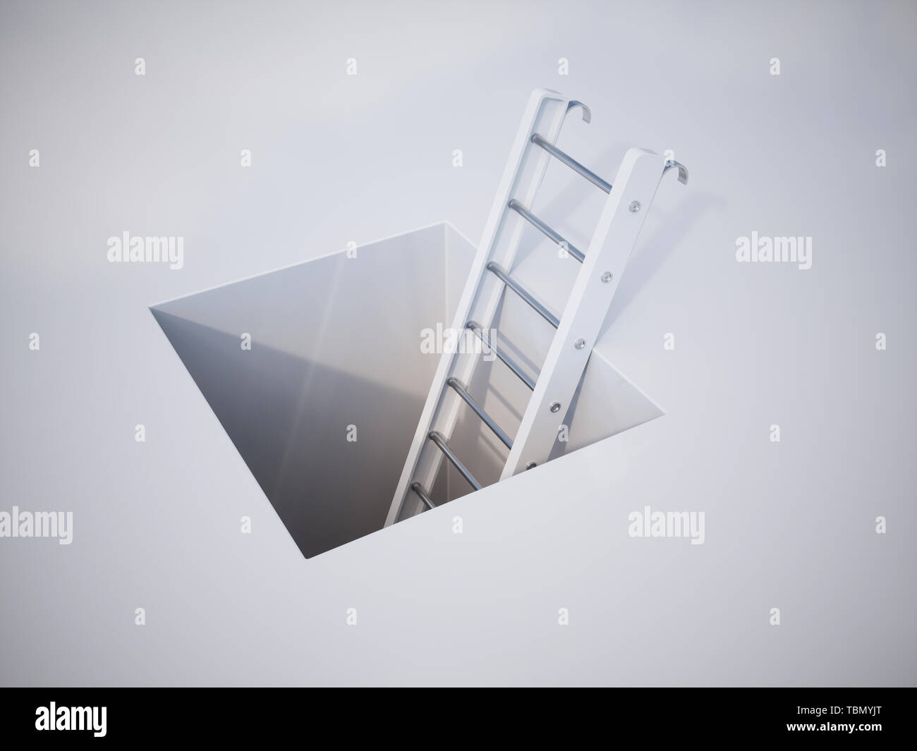 White ladder rising above the square black hole. 3d rendering ...