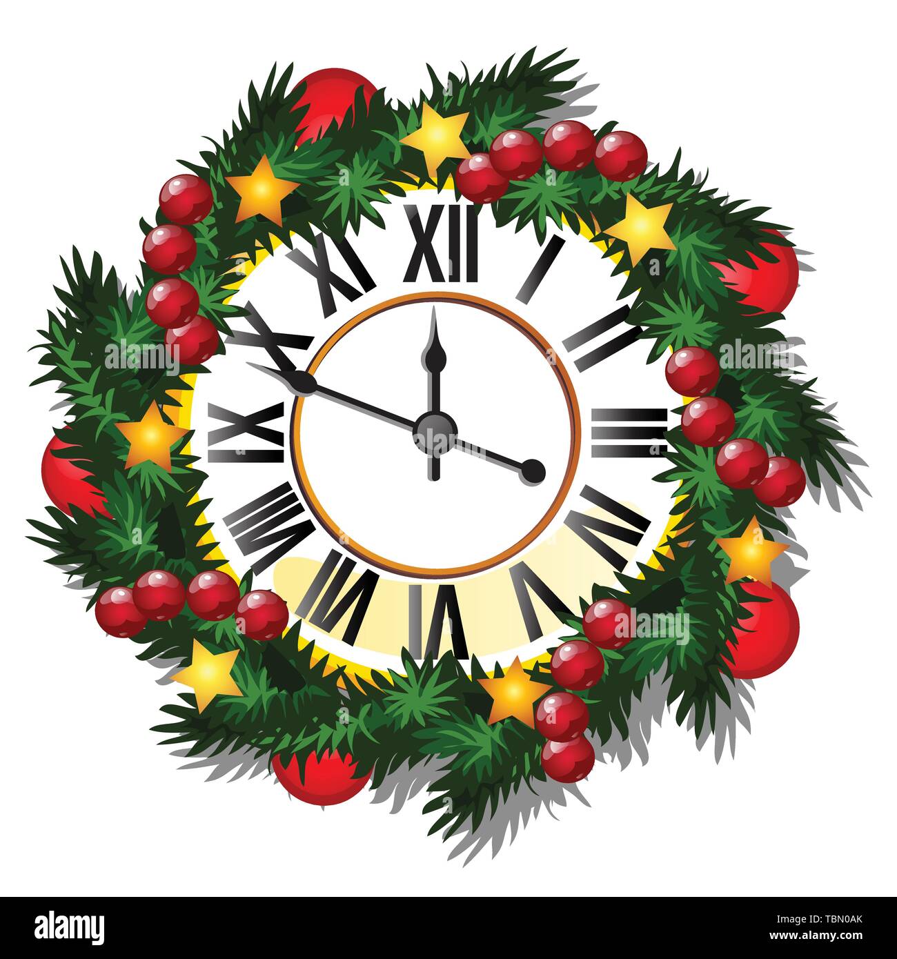 Vintage wall clock decorated with golden balls, spruce twig, stars ...