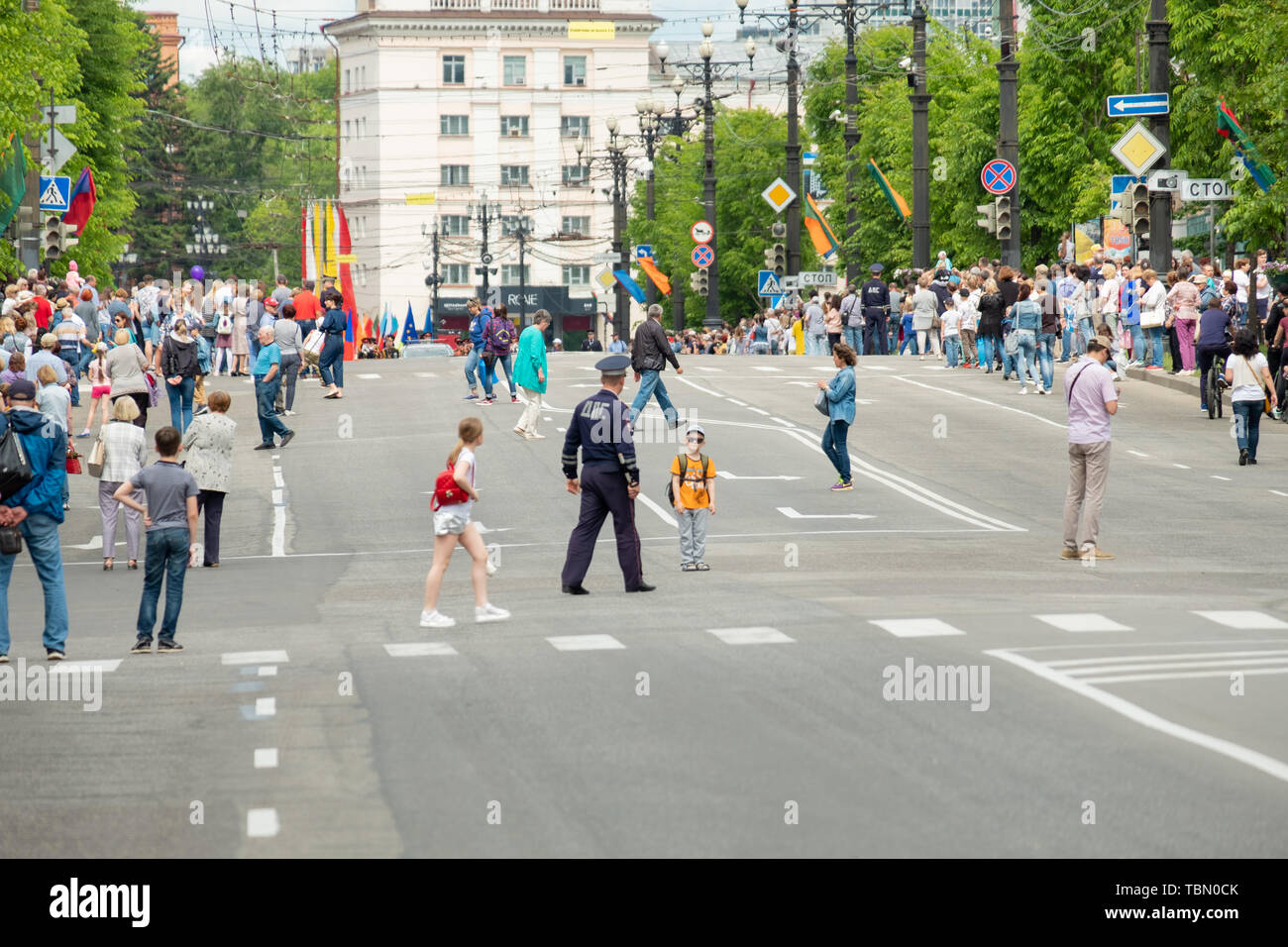 Military music bands marching through the empty streets of the city of ...